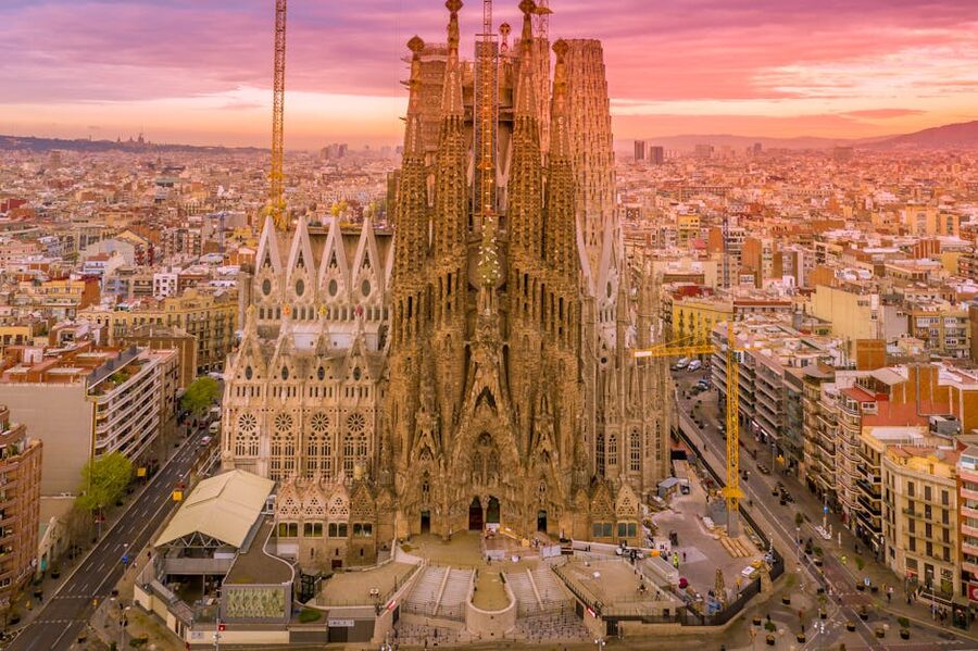 Aerial view of Sagrada Familia at sunset