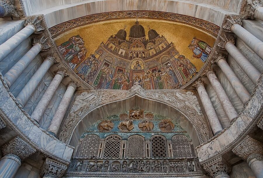 San Alipio facade door of St Marks Basilica Venice with lunette mosaic