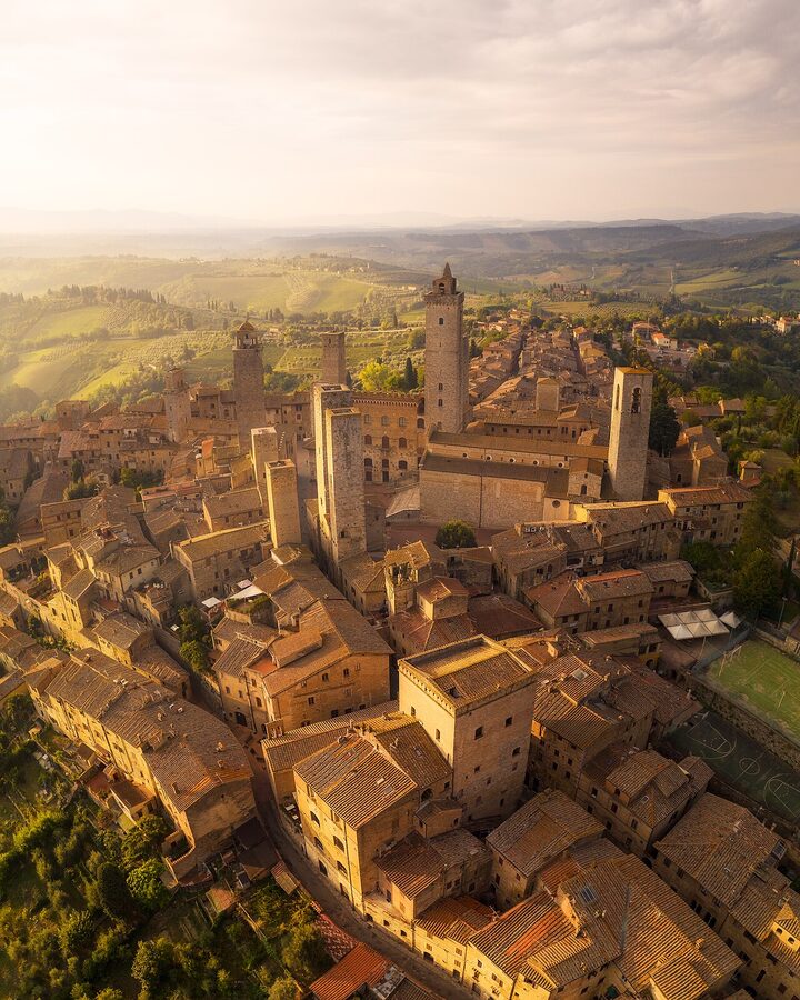 Aerial view of San Gimignano at dusk