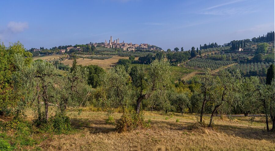 San Gimignano towers seen from Monte Uliveto on a Tuscan hillside