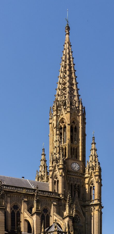 Buen Pastor Cathedral neogothic spire from below in San Sebastián