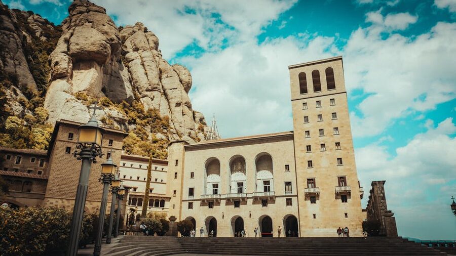 Santa Maria de Montserrat Abbey from below the cliffs