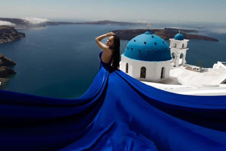Santorini 1-Hour Private Flying Dress Photoshoot Blue Domes - The Itinerary Breakdown