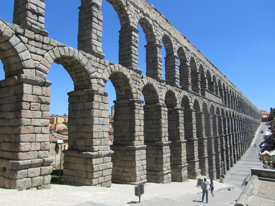 Close view of Segovia aqueduct stone arches
