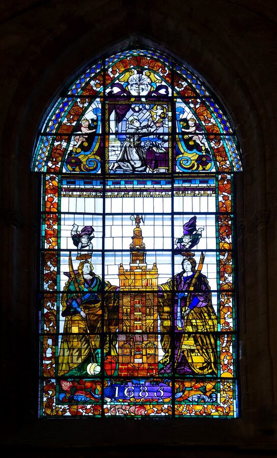 1685 stained glass window in Seville Cathedral showing Justa and Rufina