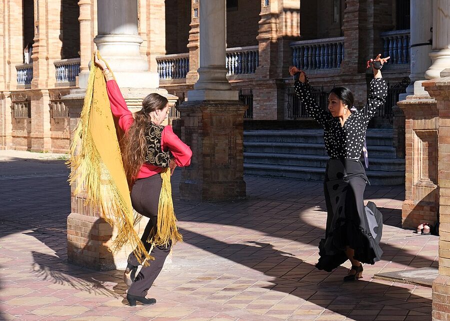 Flamenco dancers performing at Plaza de Espana Seville