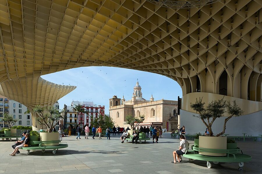 Metropol Parasol Seville with Iglesia de la Anunciacion church