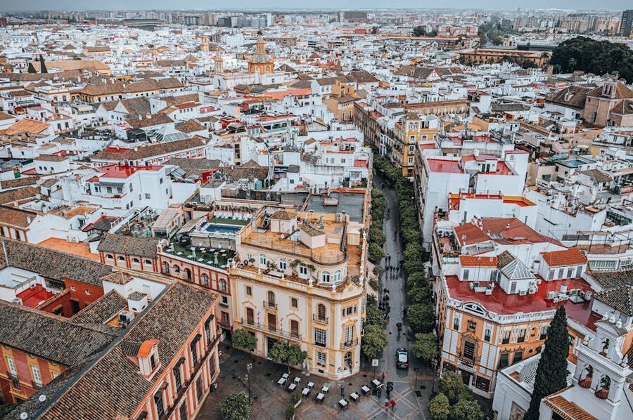 Seville old town aerial dense pedestrian historic core