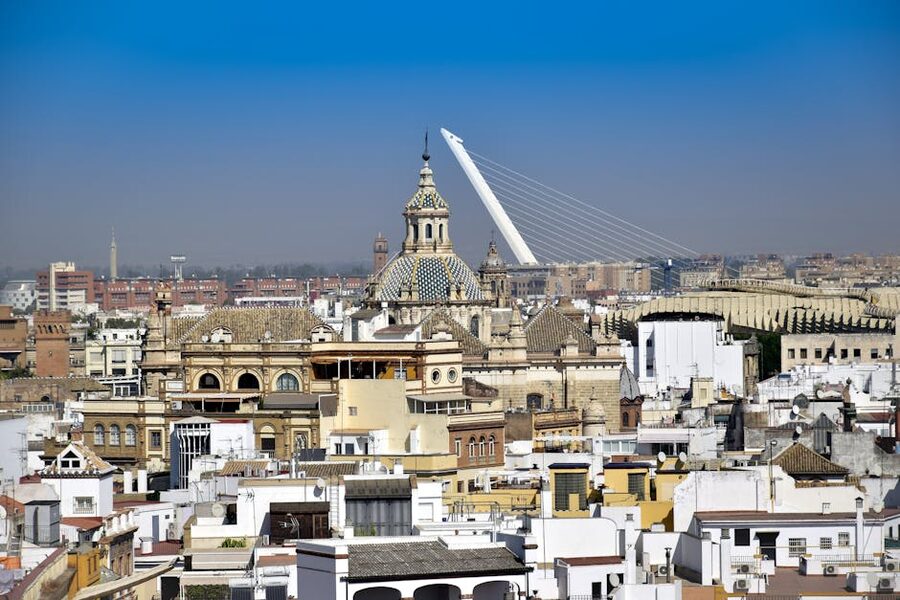Seville skyline with Puente de Isabel II from above