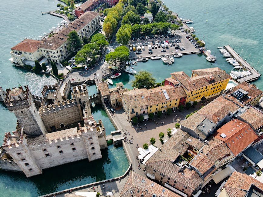 Overhead view of Sirmione town and Scaliger Castle