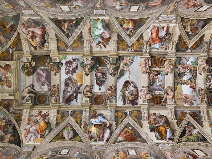The Sistine Chapel ceiling by Michelangelo with biblical scenes