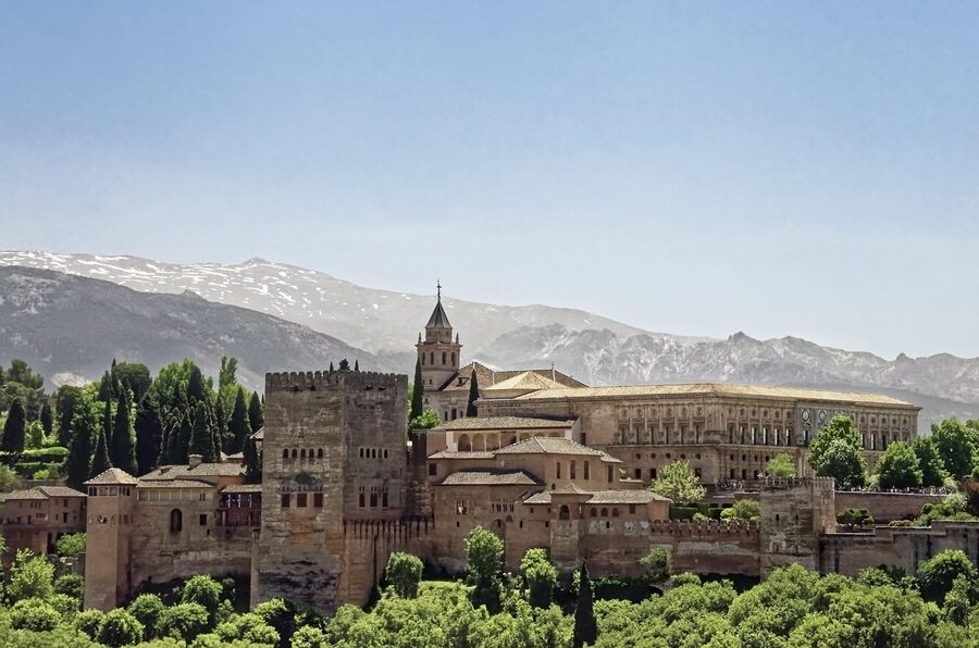 Alhambra fortress with Sierra Nevada mountains in the background Granada