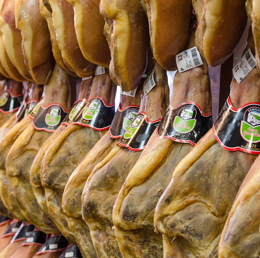 Cured Trevelez ham hanging in shop Alpujarras Spain