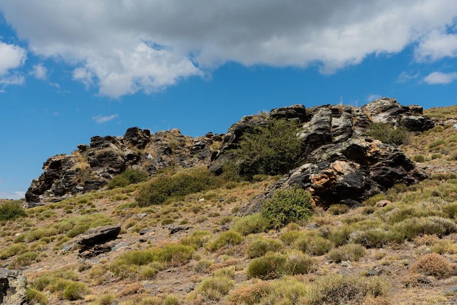 Rocky landscape in Sierra Nevada Andalusia with rugged terrain