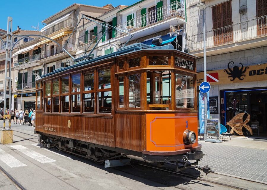 Wooden tram running through Soller in Mallorca