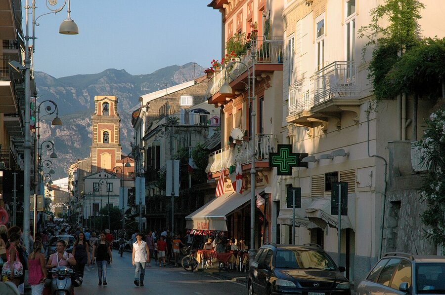 Corso Italia in Sorrento with the cathedral bell tower in the distance
