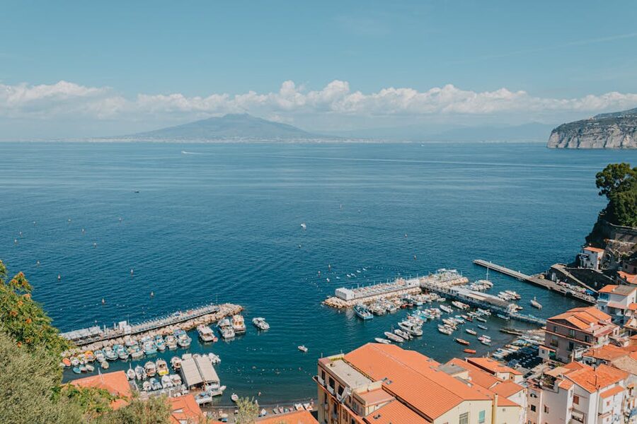 Aerial view of Sorrento harbour with boats and the Marina Piccola