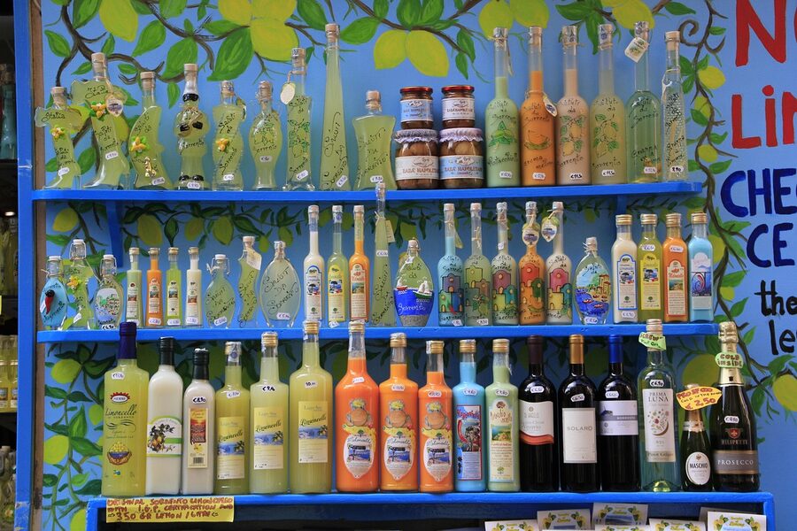 Bottles of Sorrento limoncello on display in a shop