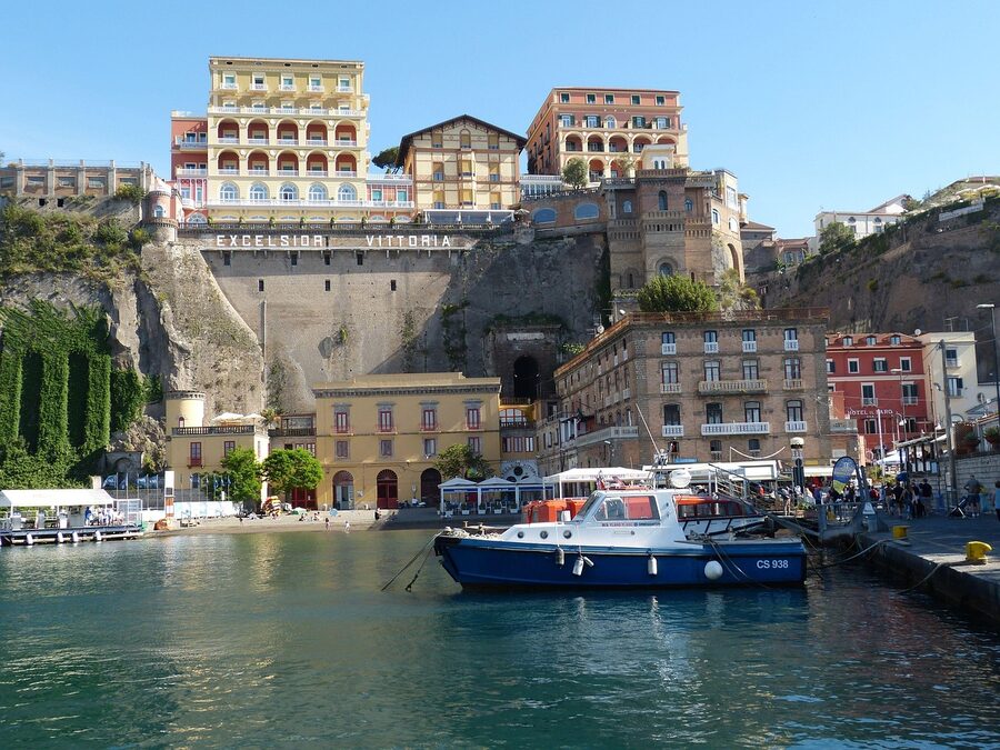Sorrento port and cityscape from above with the cliffs and Mediterranean Sea