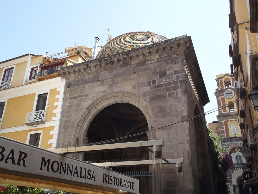 Sedil Dominova frescoed loggia and bell tower of the Sorrento Cathedral