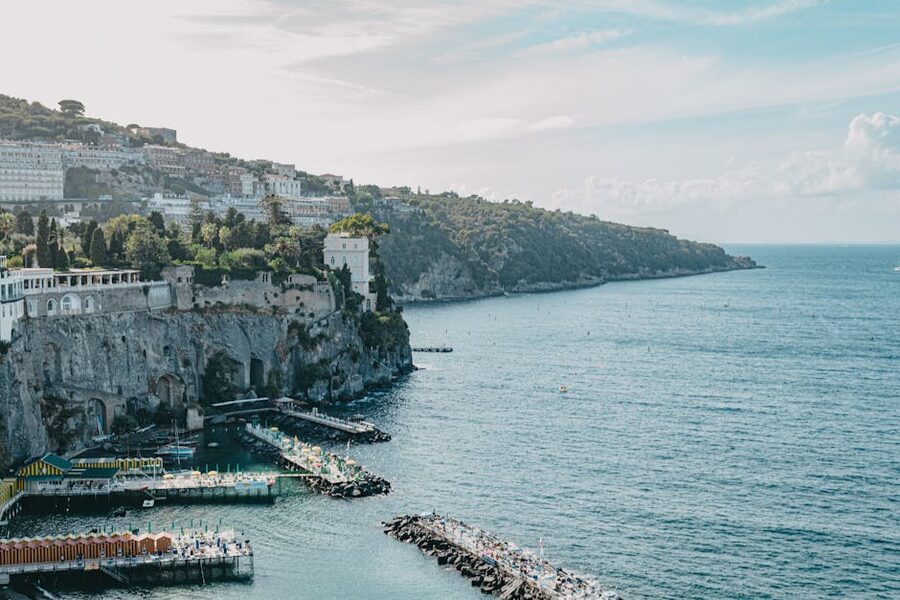 Aerial view of Sorrento with Villa Comunale park on the cliff edge