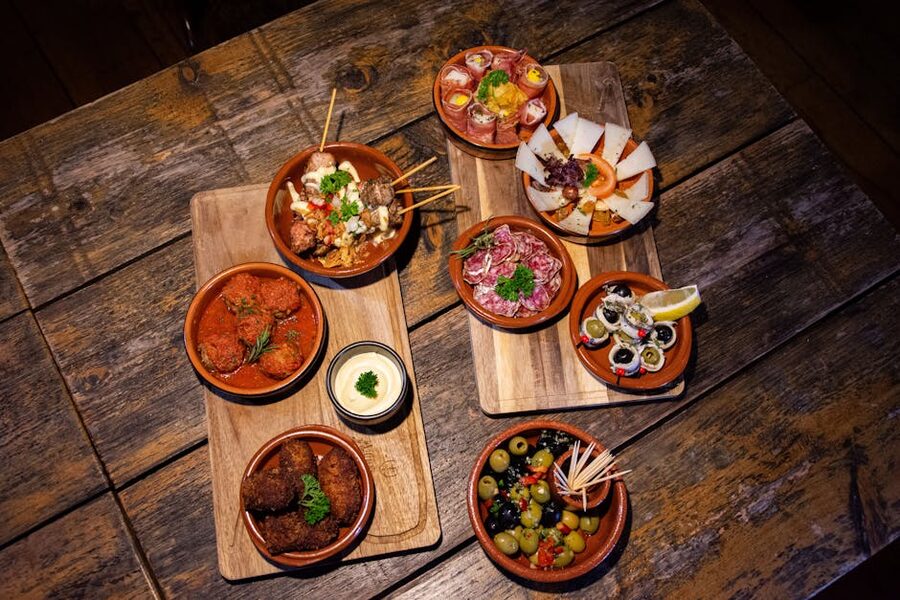 Spanish tapas flat lay spread