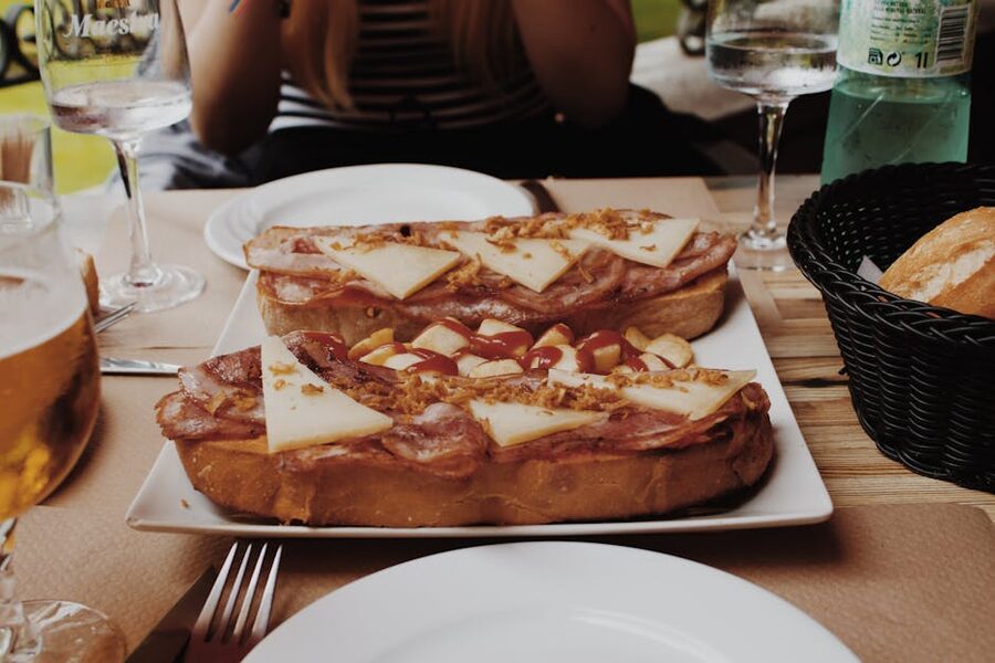 Spanish toast with ham and cheese, typical Madrid lunch near the Thyssen Museum