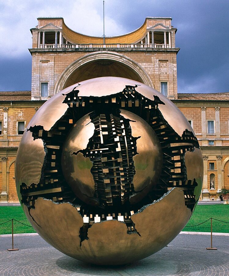 Arnaldo Pomodoro Sphere Within a Sphere sculpture in the Cortile della Pigna at the Vatican