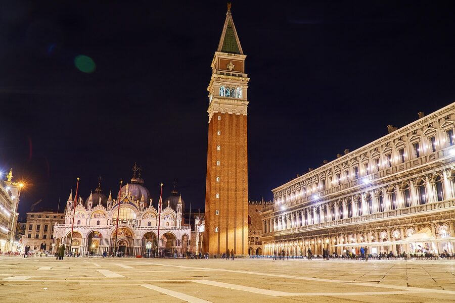 St Marks Basilica at night in Piazza San Marco with bell tower