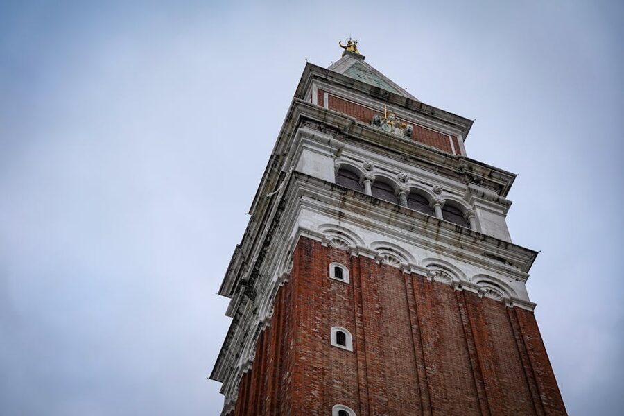 Close-up of the brick shaft of St Mark's Campanile in Venice