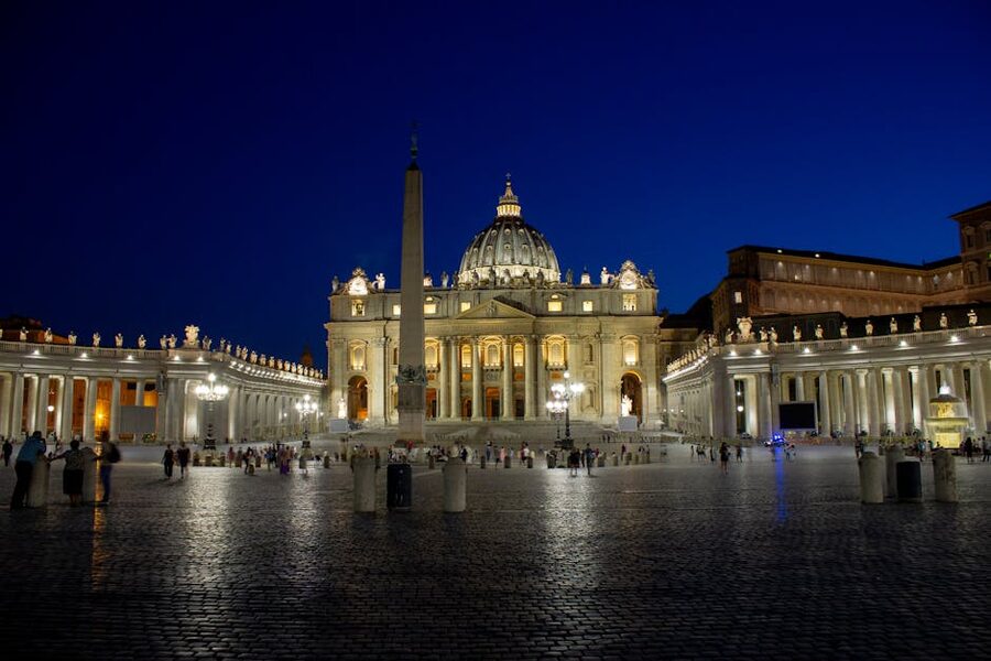 St. Peter's Basilica illuminated at night Vatican City