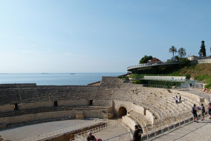 Tarragona Roman amphitheatre stones with Mediterranean behind