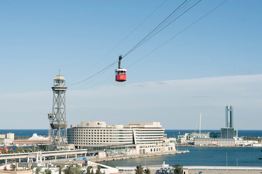 Telefèric del Port red cable car over Barcelona harbour