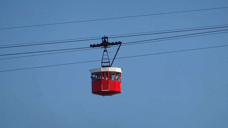 Red Telefèric del Port cable car gondola over Barcelona harbour