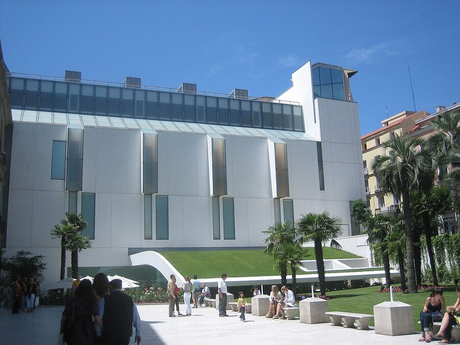 Front facade of the Thyssen-Bornemisza Museum on Paseo del Prado, Madrid