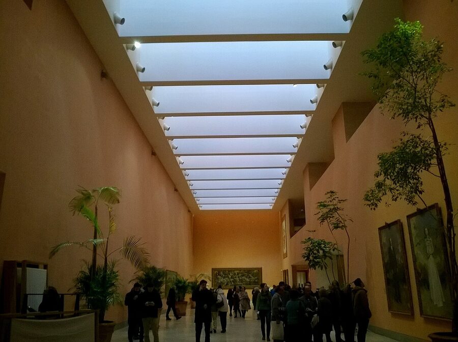 Thyssen-Bornemisza Museum entrance hall with visitors, Madrid