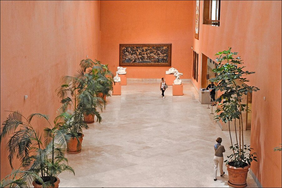 Lobby of the Thyssen-Bornemisza Museum showing visitors and staff, Madrid