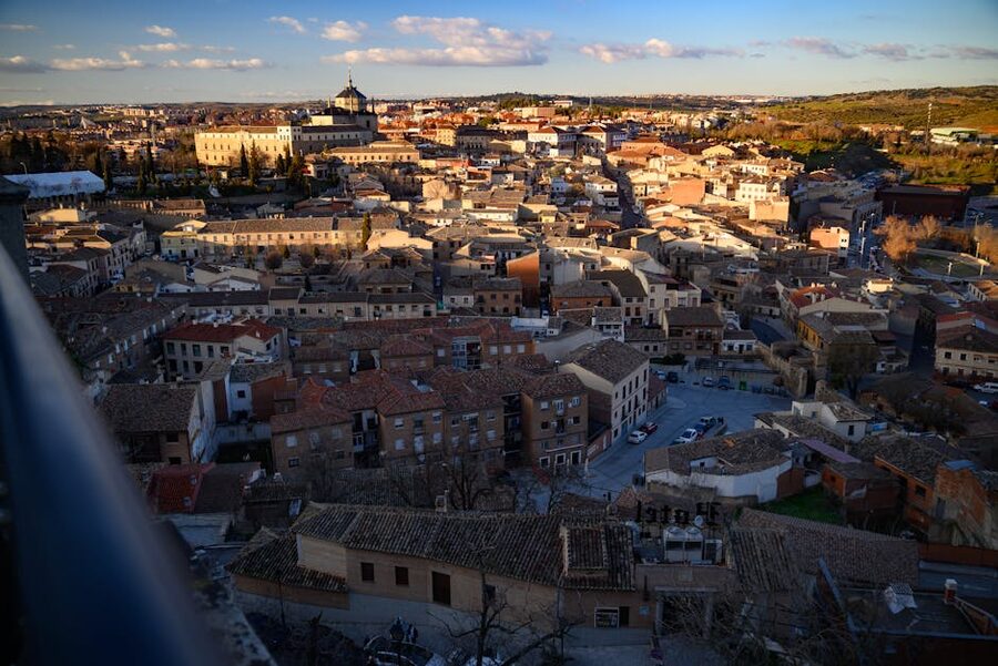 Toledo aerial view at sunset over Castilla-La Mancha