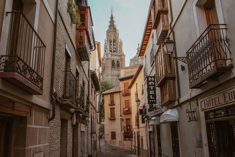 Toledo alley with the cathedral spire in the background