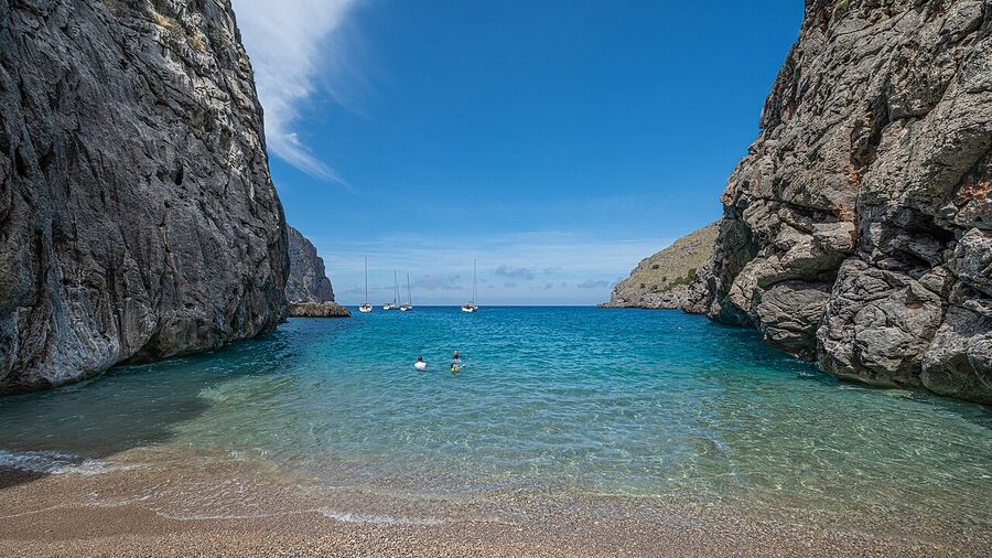Pebble beach at the mouth of Torrent de Pareis gorge in Mallorca
