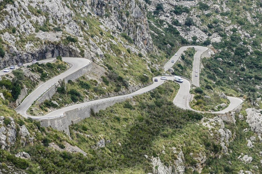 Tramuntana hairpin pass road in Mallorca with sharp bends
