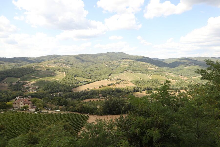 Aerial of Tuscan rolling hills and vineyards