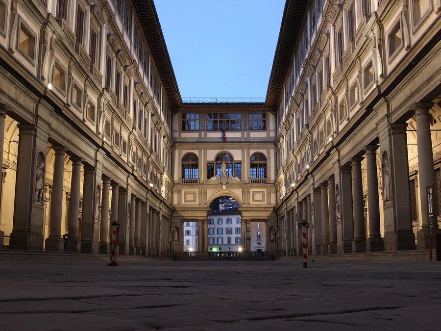 An empty Uffizi Gallery corridor at opening time