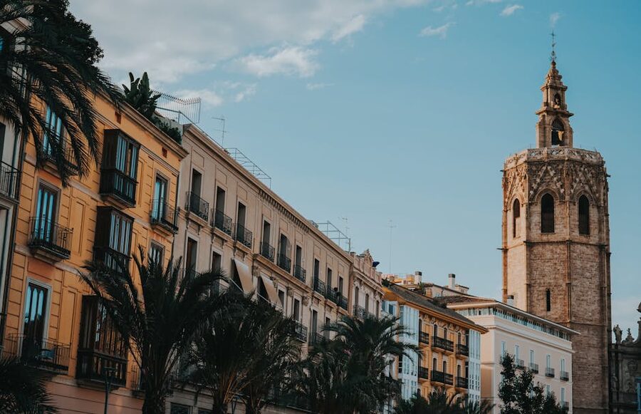 Miguelete tower and old town buildings Valencia