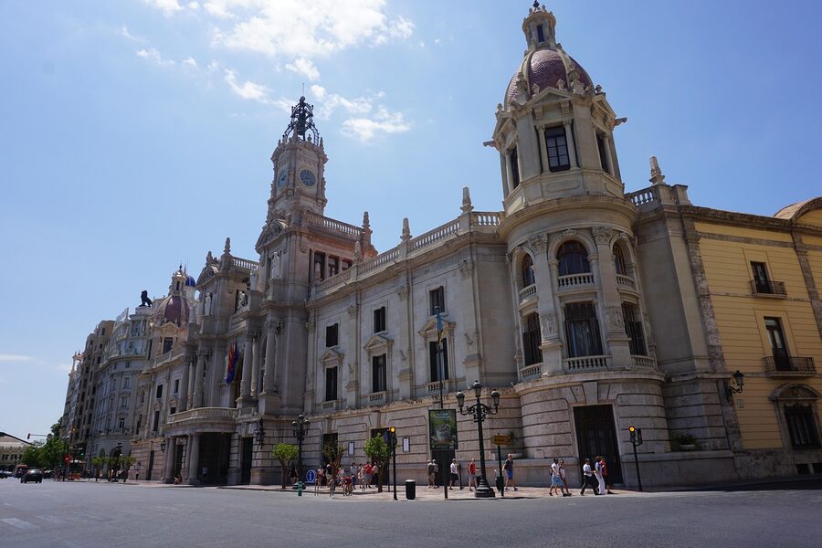 Valencia old town cityscape with bell towers and tiled domes