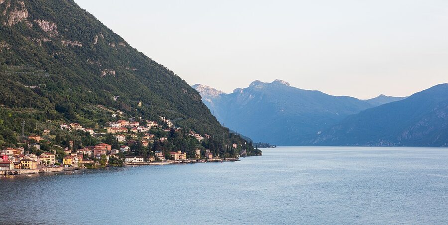 Aerial view of Varenna on Lake Como with mountains behind