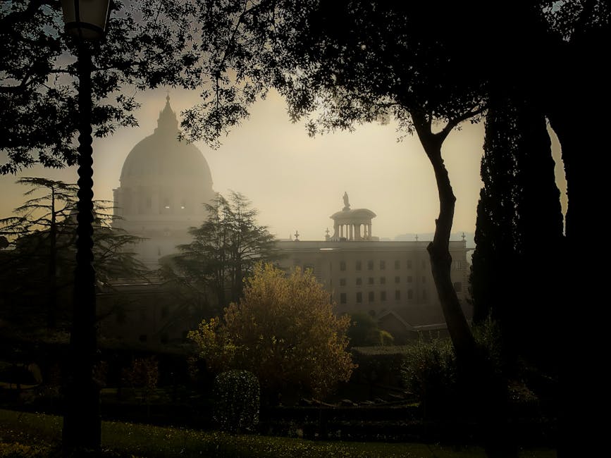 St Peters Basilica at dawn from the Vatican Gardens area