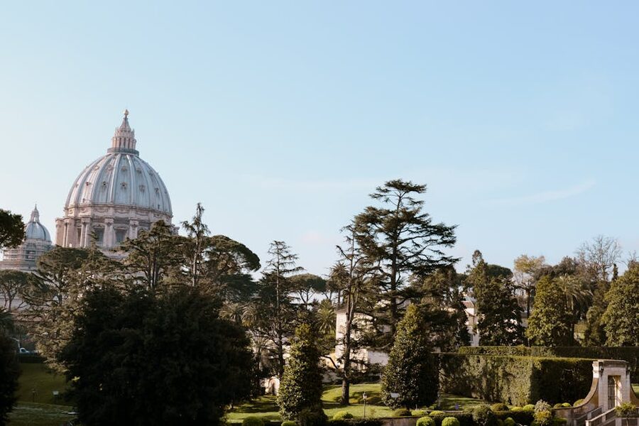 St Peters dome over Vatican Gardens trees