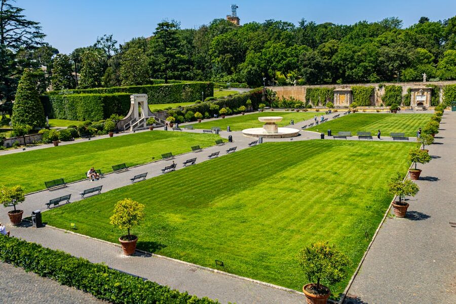 Vatican Gardens summer lawn and architecture