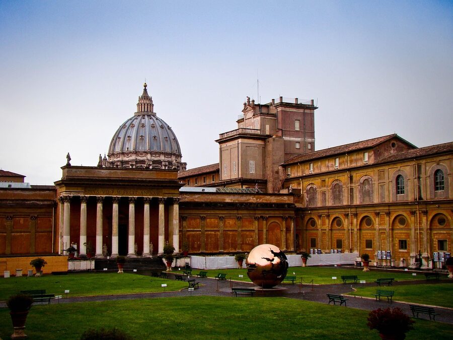 Vatican Museums courtyard with the dome visible above